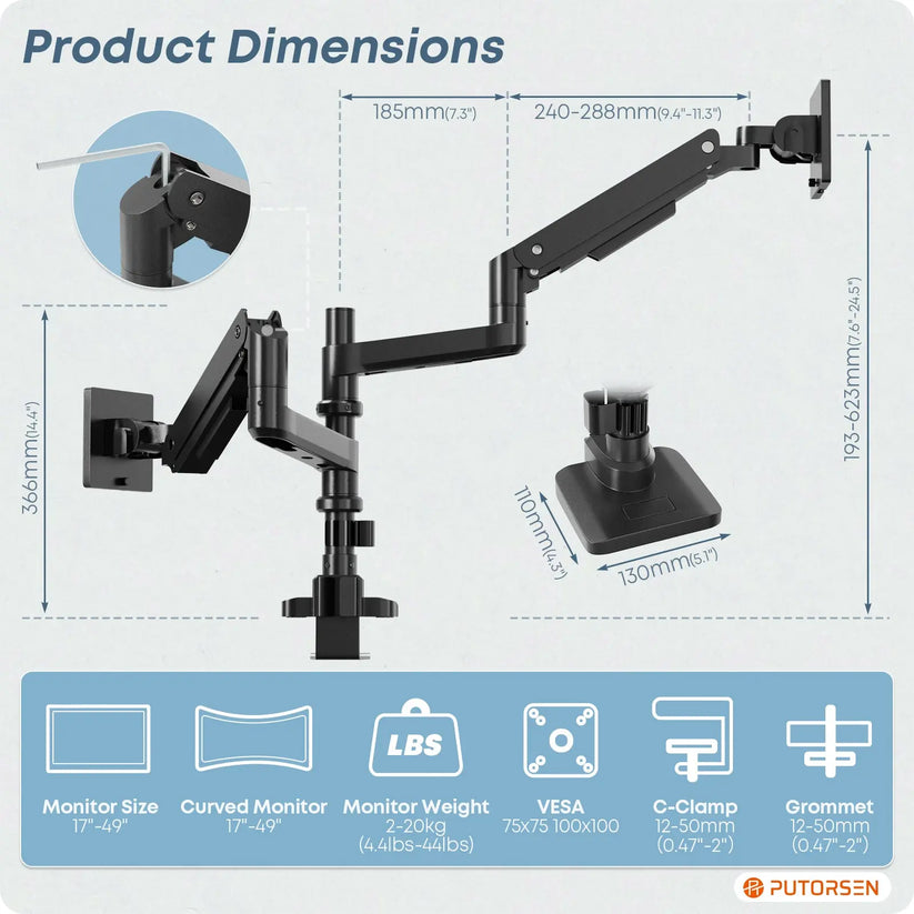 PUTORSEN 17-49 inch Premium Aluminum Heavy Duty Dual Monitor Arm for U