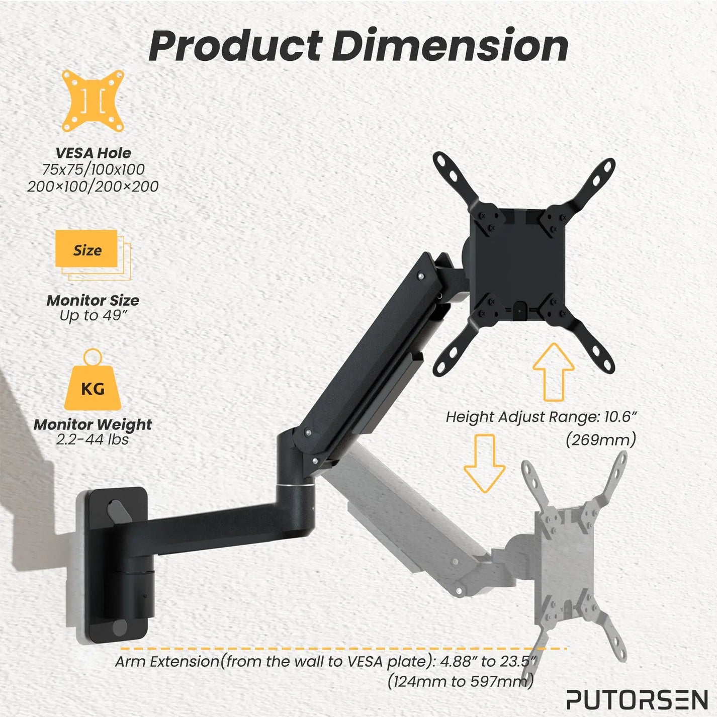 PUTORSEN 17-49 inch Premium Aluminum Heavy Duty Monitor Arm for Ultraw