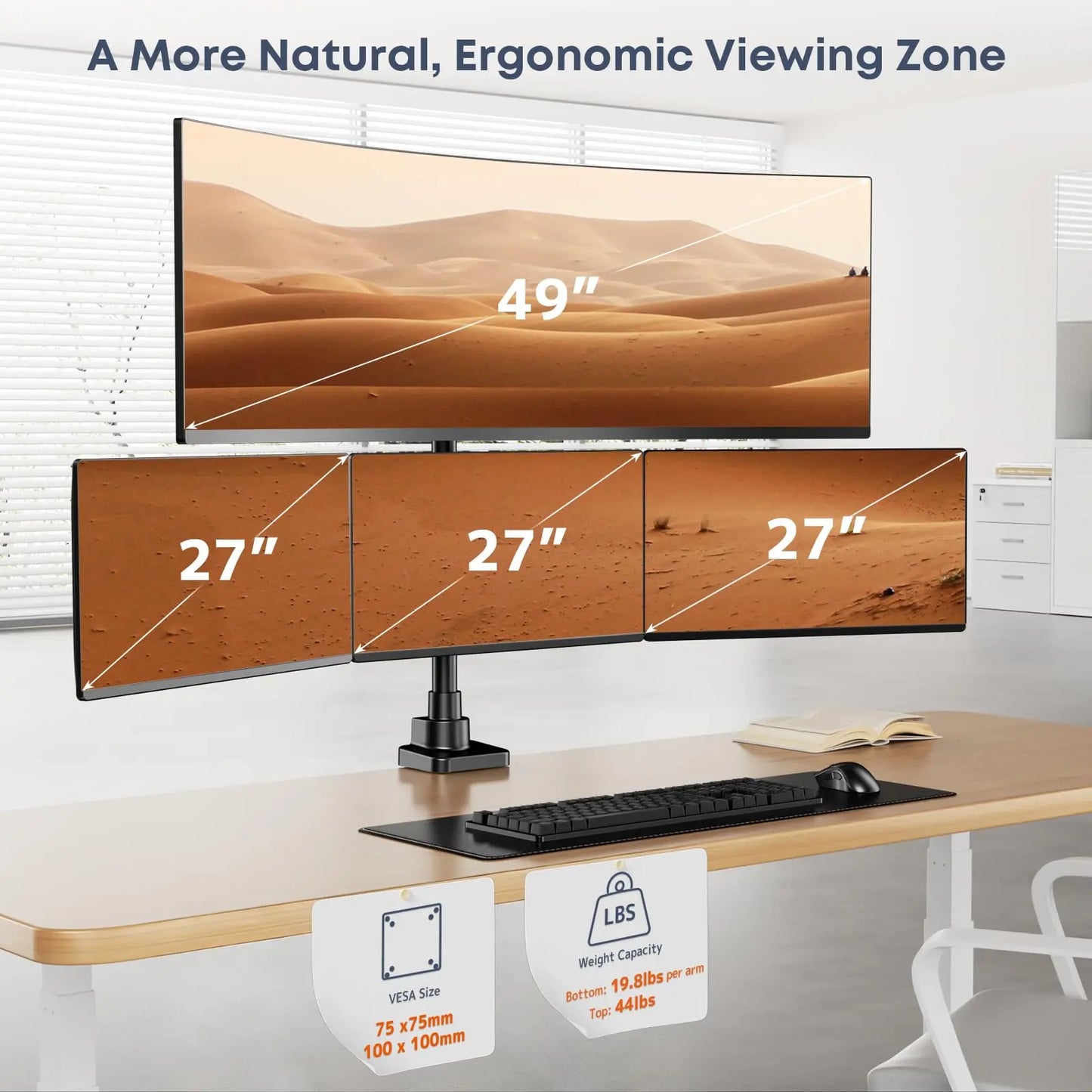 Quad Monitor Mount for up to 49 inch Ultrawides on Top and 27 inch Scr ...