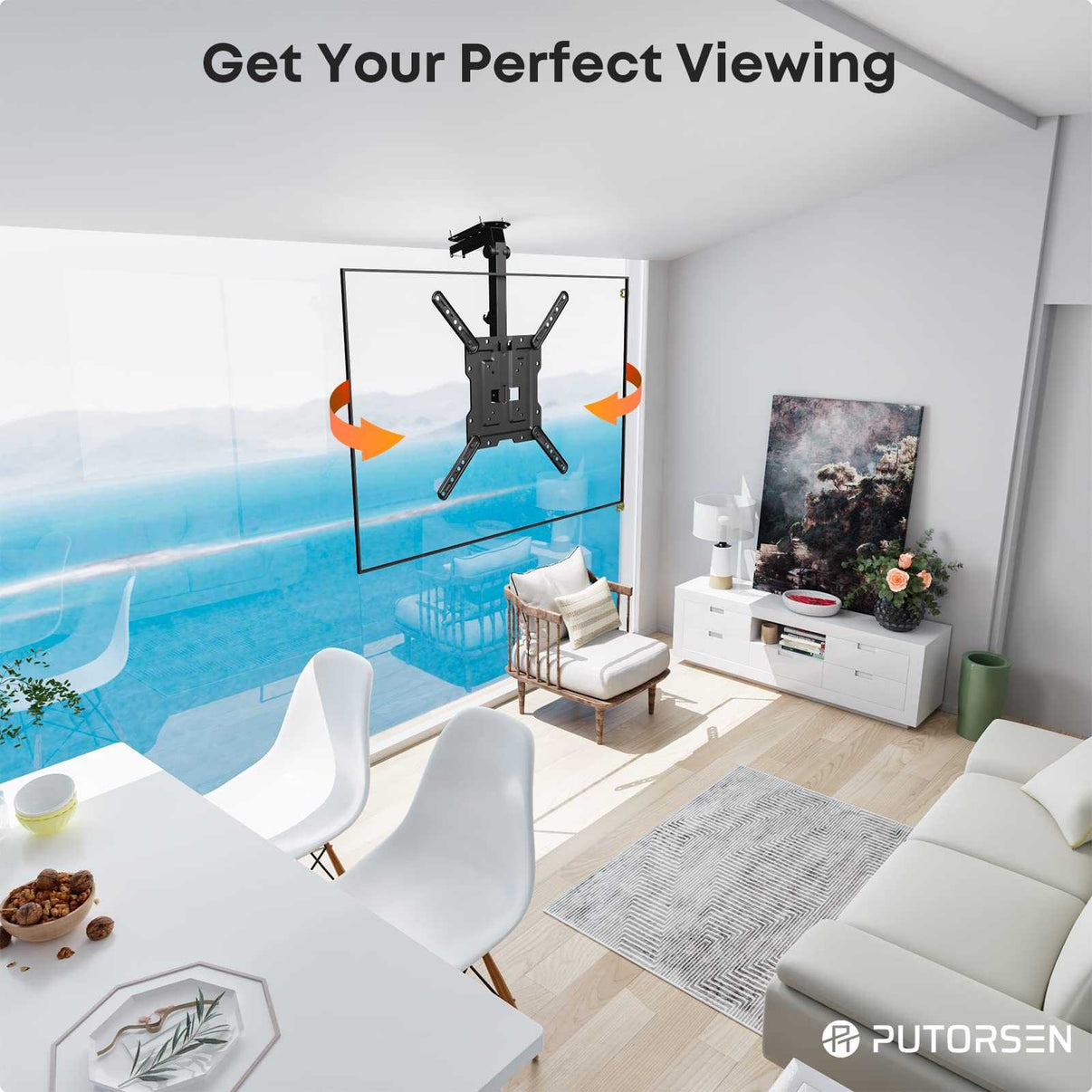 PUTORSEN Flip Down TV Mount, Manual Folding Ceiling TV Mount for Most